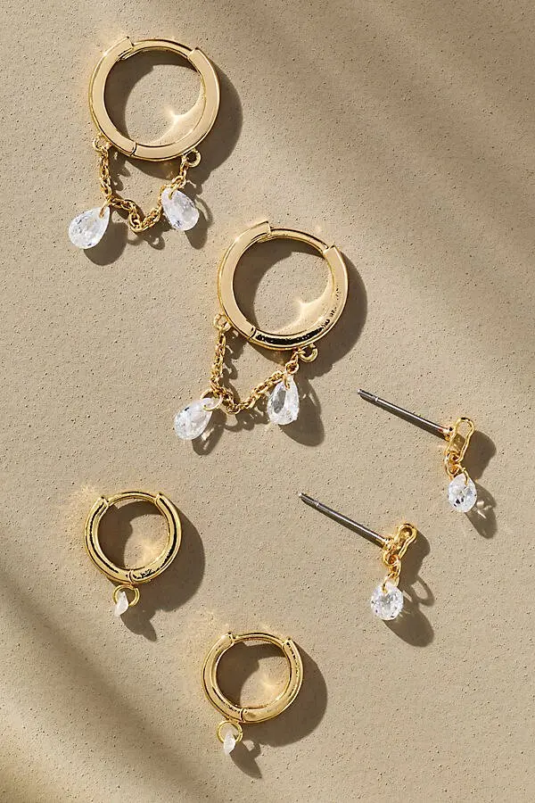 Anthropologie Drippy Crystal Huggie Hoop Earring Set - Gold