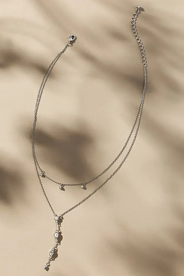 Anthropologie Crystal Lariat Layered Necklace - Silver