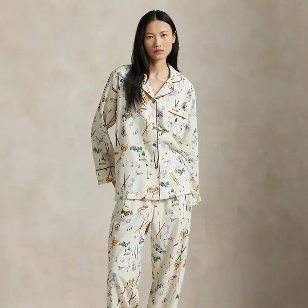 Ralph Lauren Flannel Printed Long-sleeve Pajama Set - Traveler Ski Print