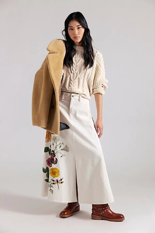 DENIM AND BONE Floral Denim Maxi Skirt