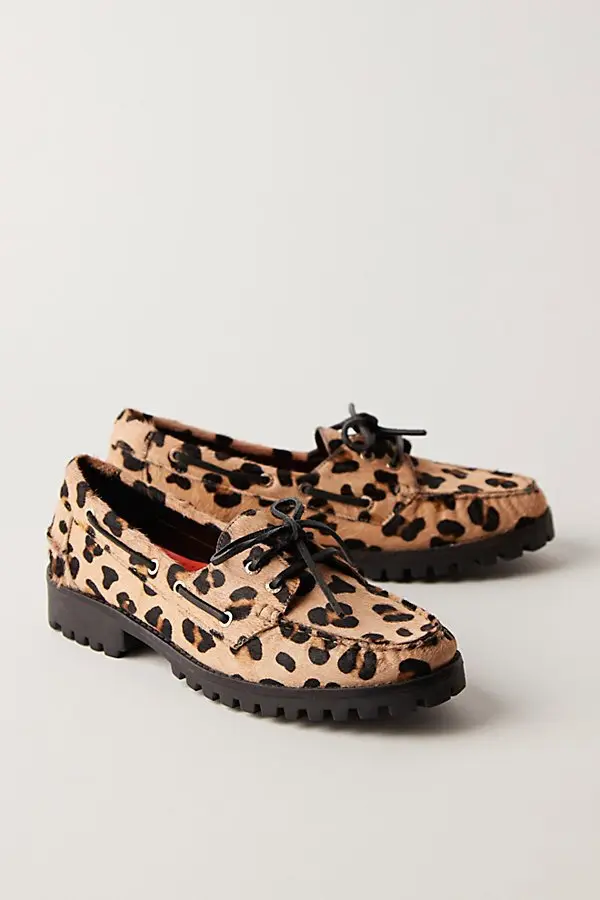 BRONX Printed Hair-on Leather Boat Shoes - Brown/oatmilk/black
