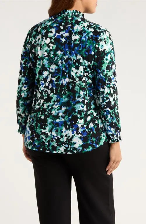 Anne Klein Printed Ruffle Neck Top With Smocked Cuffs