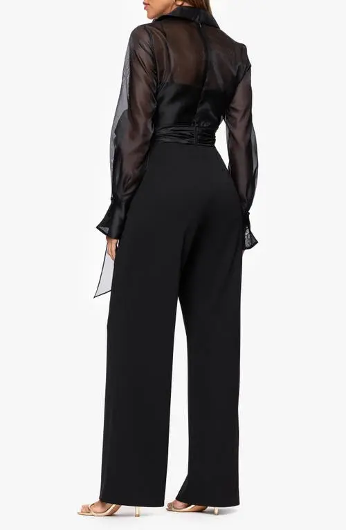 XSCAPE EVENINGS Mixed Media Long Sleeve Jumpsuit