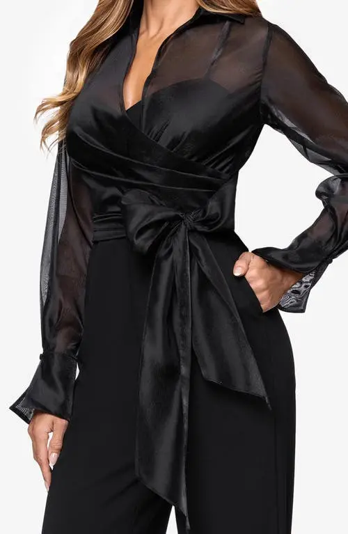 XSCAPE EVENINGS Mixed Media Long Sleeve Jumpsuit