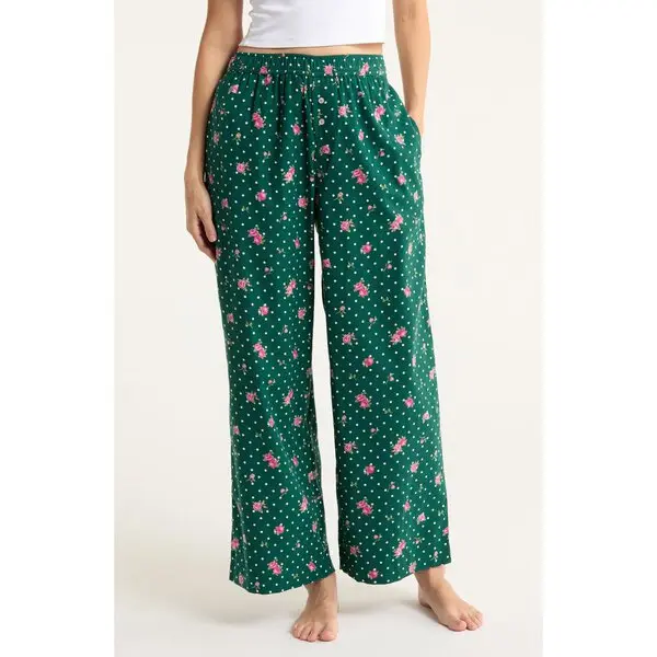 OPEN EDIT Print Flannel Boxer Pajama Pants - Green Polka Dot Rose