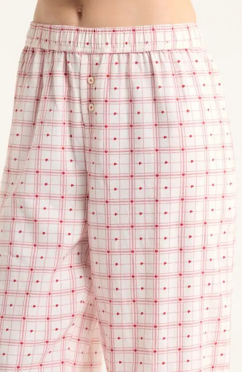 OPEN EDIT Print Flannel Boxer Pajama Pants - Ivory- Red Heart Sketch Plaid