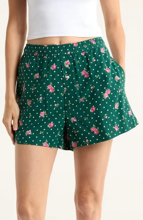 OPEN EDIT Print Cozy Flannel Boxer Pajama Shorts - Green Polka Dot Rose