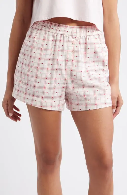 OPEN EDIT Print Cozy Flannel Boxer Pajama Shorts - Ivory- Red Heart Sketch Plaid