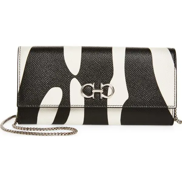 FERRAGAMO Double Gancio Stripe Leather Wallet On A Chain - White Stampa Zebra Nero