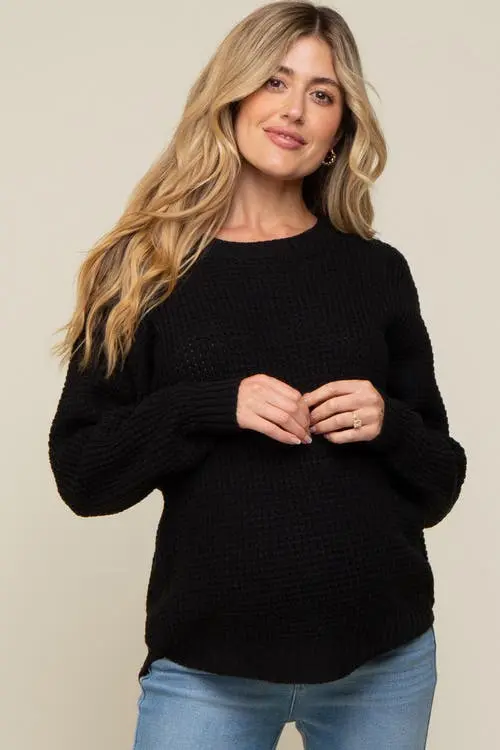 PINKBLUSH Maternity Waffle Knit Round Hem Sweater - Black