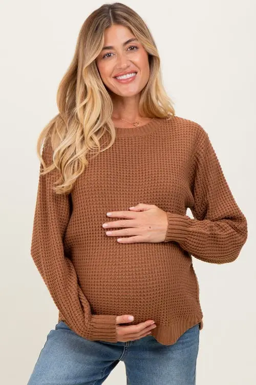 PINKBLUSH Maternity Waffle Knit Round Hem Sweater - Camel