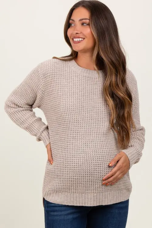 PINKBLUSH Maternity Waffle Knit Round Hem Sweater - Cream