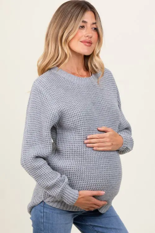 PINKBLUSH Maternity Waffle Knit Round Hem Sweater - Heather Grey