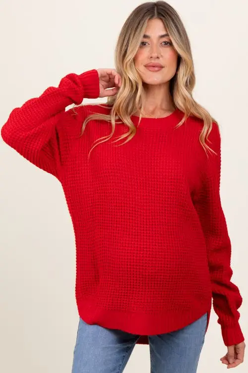 PINKBLUSH Maternity Waffle Knit Round Hem Sweater - Red
