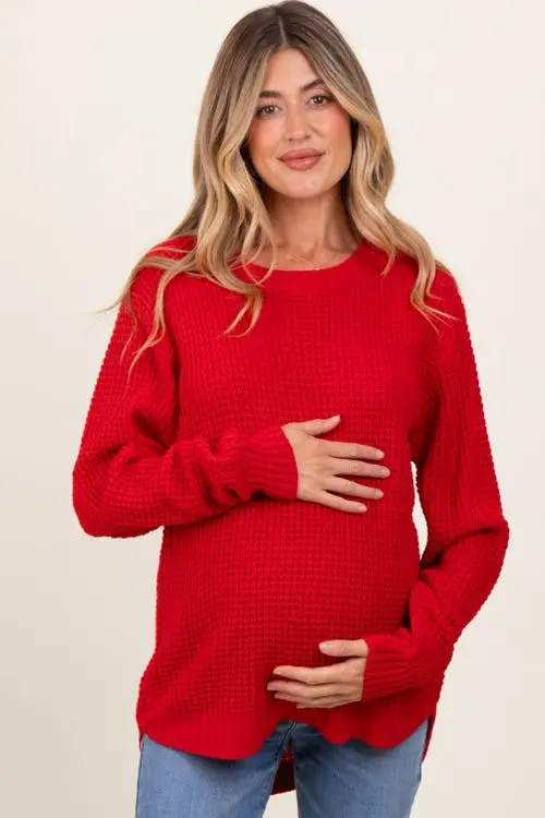 PINKBLUSH Maternity Waffle Knit Round Hem Sweater - Red