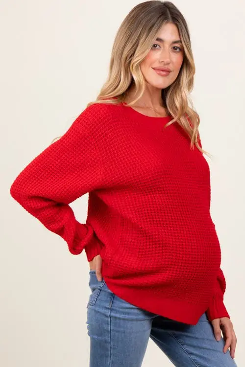 PINKBLUSH Maternity Waffle Knit Round Hem Sweater - Red