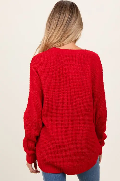 PINKBLUSH Maternity Waffle Knit Round Hem Sweater - Red