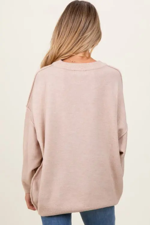 PINKBLUSH Oversized Crewneck Melange Knit Sweater - Beige