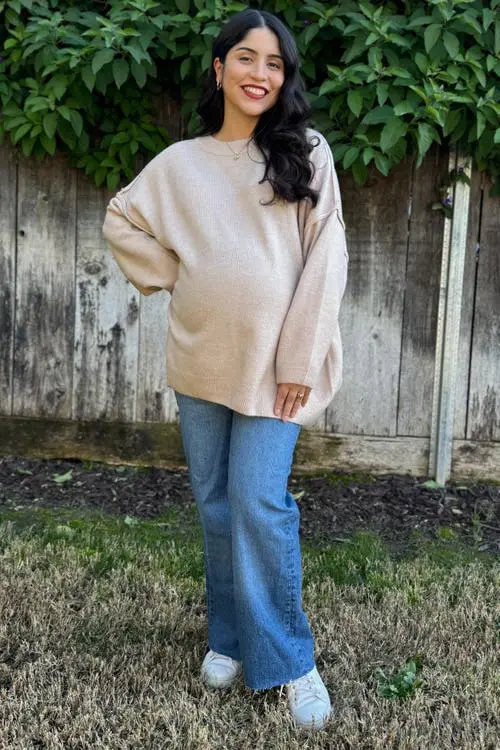 PINKBLUSH Oversized Crewneck Melange Knit Sweater - Beige
