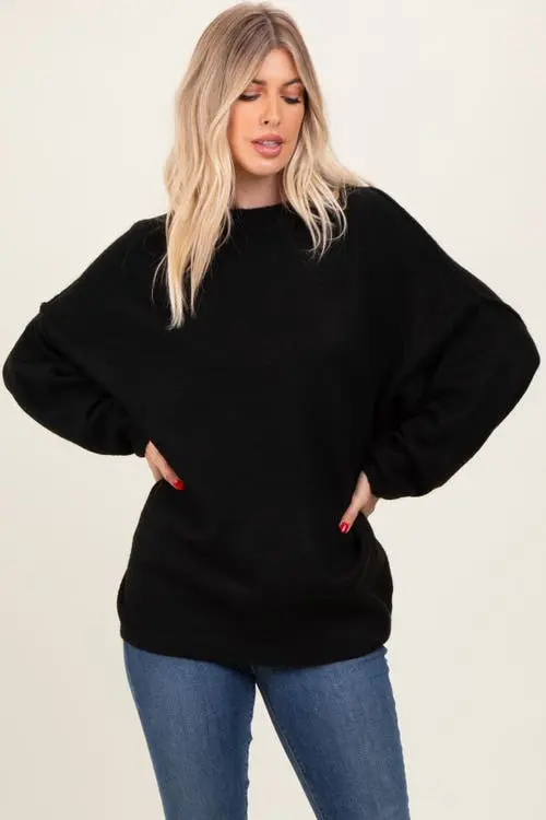 PINKBLUSH Oversized Crewneck Melange Knit Sweater - Black