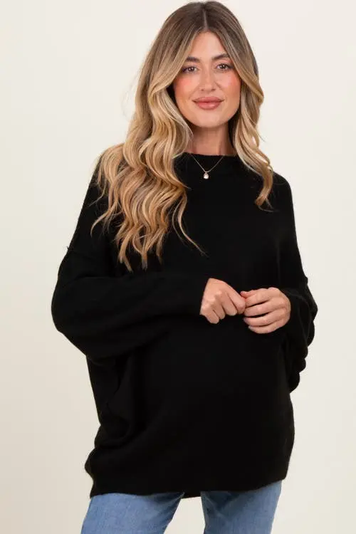 PINKBLUSH Oversized Melange Knit Crewneck Sweater - Black