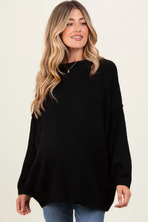 PINKBLUSH Oversized Crewneck Melange Knit Sweater - Black