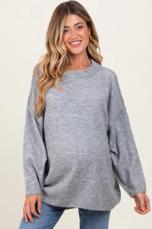 PINKBLUSH Oversized Crewneck Melange Knit Sweater - Heather Grey