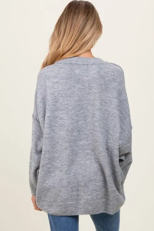PINKBLUSH Oversized Crewneck Melange Knit Sweater - Heather Grey