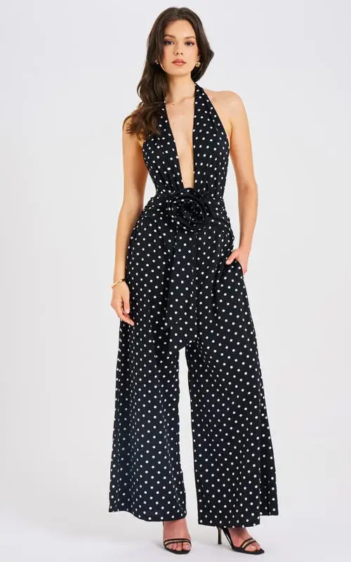 MISS CIRCLE Orianaa Polka Dots Halter Jumpsuit - Black
