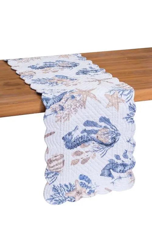 C&F HOME Seahorse Sands Reversible Graphic Print Machine Washable Scallop Quilt Table Runner 14" X 51 - Blue