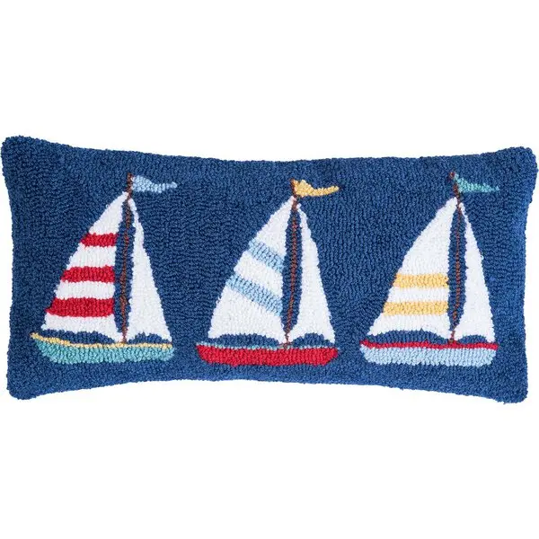 C&F HOME Sailboat Trio Hooked Accent Pillow 10" X 20 - Blue
