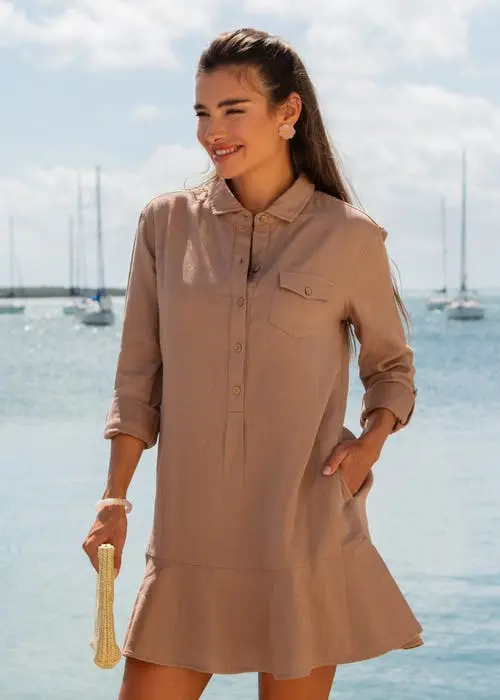 CABANA LIFE Gauze Button Front Shirt Dress - Brown