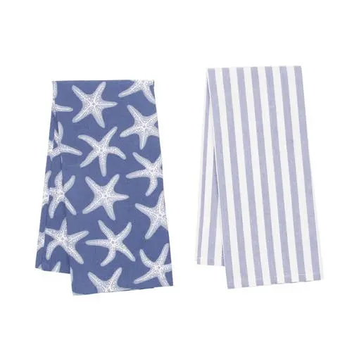 C&F HOME Calming Seas Starfish & Stripes 100% Cotton Graphic Print Set Of 2 - Blue