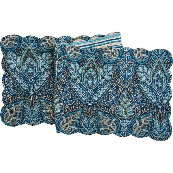 C&F HOME Bailey Reversible Graphic Print Machine Washable Scallop Quilt Table Runner 14" X 51" - Blue