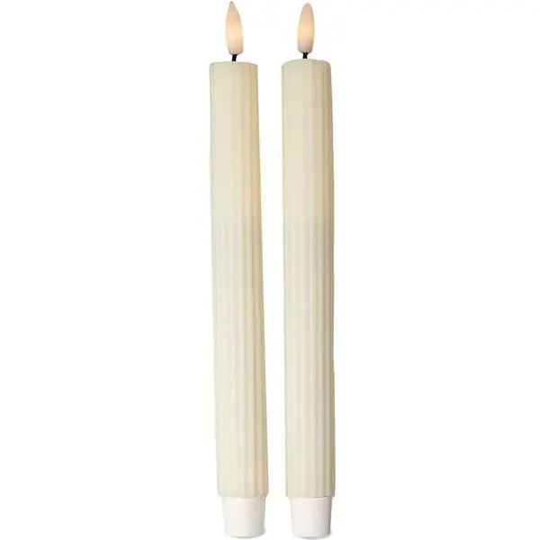 TAG Ribbed Ivory Flameless Taper Candles Paraffin Wax Elegant - Beige