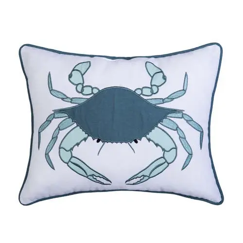 C&F HOME Sea Glass Crab Embroidered Piped Cotton Blend Accent Pillow 14" X 18 - Blue