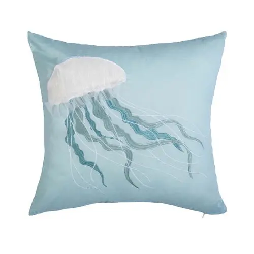C&F HOME Sea Glass Jellyfish Embroidered Cotton Blend Accent Throw Pillow 18" X 18 - Blue