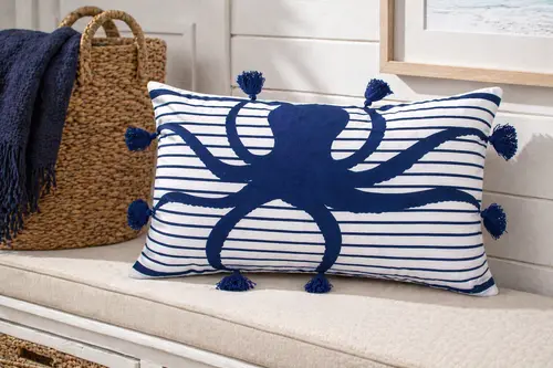 C&F HOME Indigo Stripes Octopus Cotton Blend Lumbar Accent Pillow 14" X 22