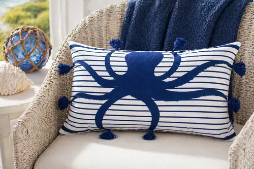 C&F HOME Indigo Stripes Octopus Cotton Blend Lumbar Accent Pillow 14" X 22