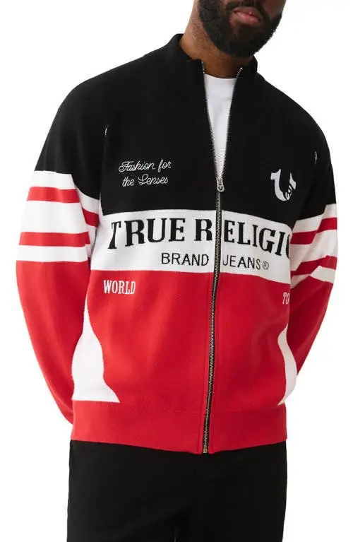 True Religion Raglan Sleeve Zip Cardigan - Red/black/white
