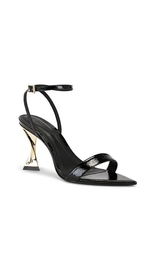 Schutz Elisha Patent Leather Heeled Sandals With Gold Tone Sculptural Heel