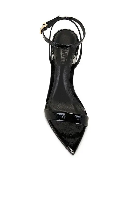 Schutz Elisha Patent Leather Heeled Sandals With Gold Tone Sculptural Heel