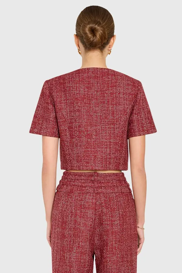 Amanda Uprichard Braswell Cropped Tweed Top With Gold Buttons