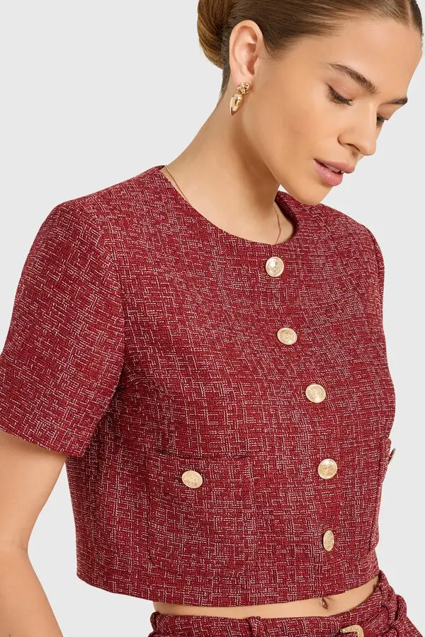 Amanda Uprichard Braswell Cropped Tweed Top With Gold Buttons