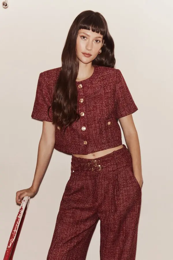 Amanda Uprichard Braswell Cropped Tweed Top With Gold Buttons
