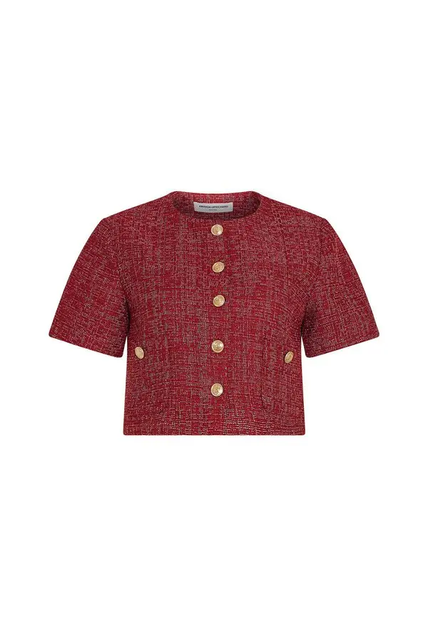 Amanda Uprichard Braswell Cropped Tweed Top With Gold Buttons