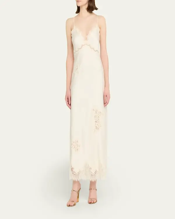 LoveShackFancy Sorone Satin Lace Maxi Slip Dress