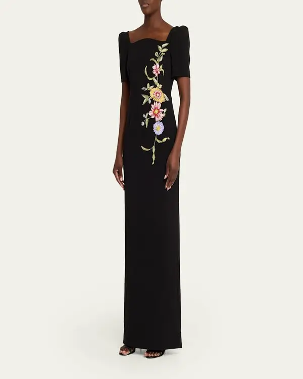 Rickie Freeman For Teri Jon Scalloped Embroidered Stretch Crepe Gown - Black Multi