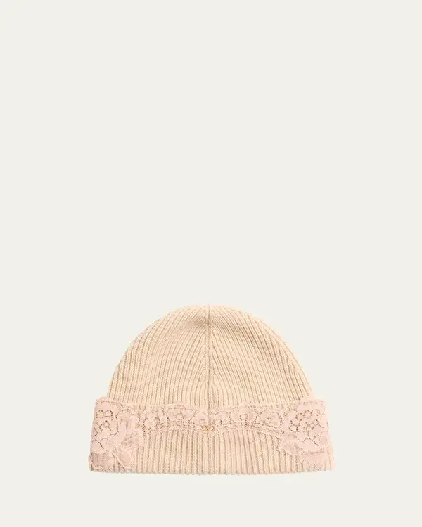 Valentino Garavani Vlogo Signature Cashmere & Lace Beanie - Alabaster Rose Dust