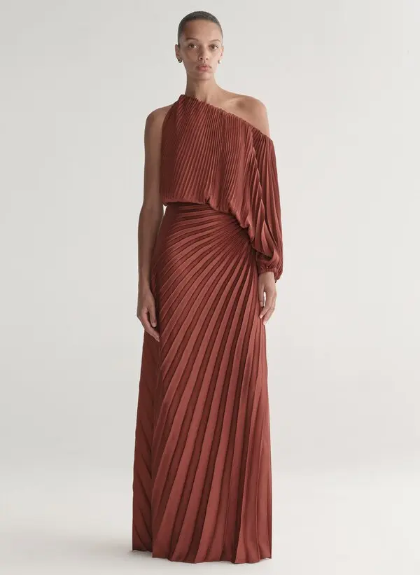 A.L.C. Bianca Satin Pleated Maxi Skirt - Rust